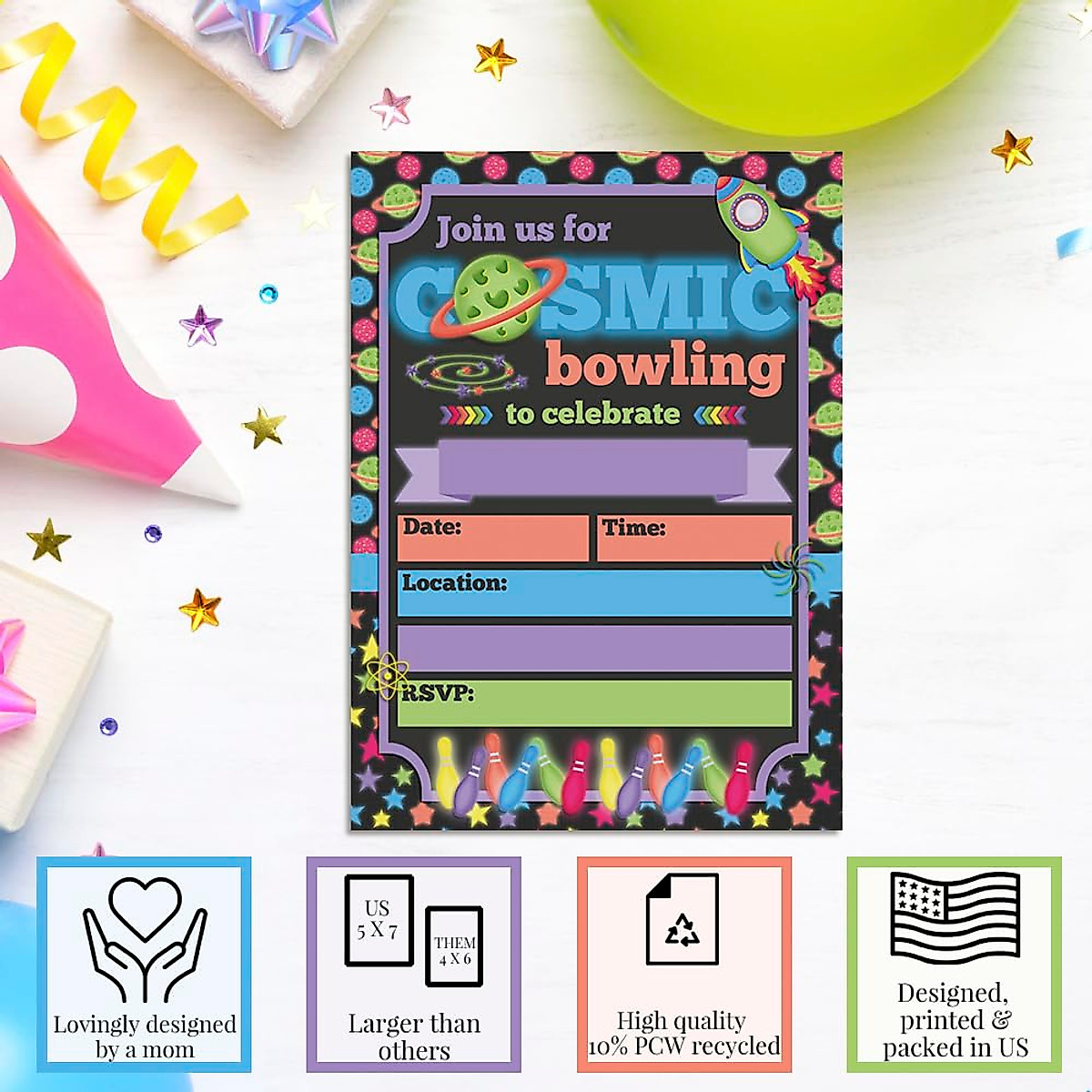 Cosmic Bowling Birthday Party Invitations for Out of This World Glow in the Dark Bowling Parties, 20 5x7 Fill In Cards with Twenty White Envelopes by AmandaCreation