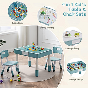 CuFun 4 in 1 Kids Table and 2 Chairs Set, Toddler Table and Chair Set for Kids Ages 3-10, Activity Table for Building Blocks/Drawing/Reading/Dining，Gift for Boy & Girl (Grayish Blue)