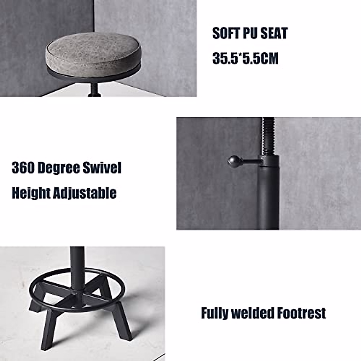 Vintage Bar Stools Set of 2 Industrial Bar Stool Swivel PU Seat Counter Height Adjustable 24-28inch Kitchen Isand Dining Chair