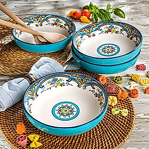 Euro Ceramica Zanzibar Collection Pasta Bowl Sets, Set of 4, Spanish Floral Design, Multicolor Blue