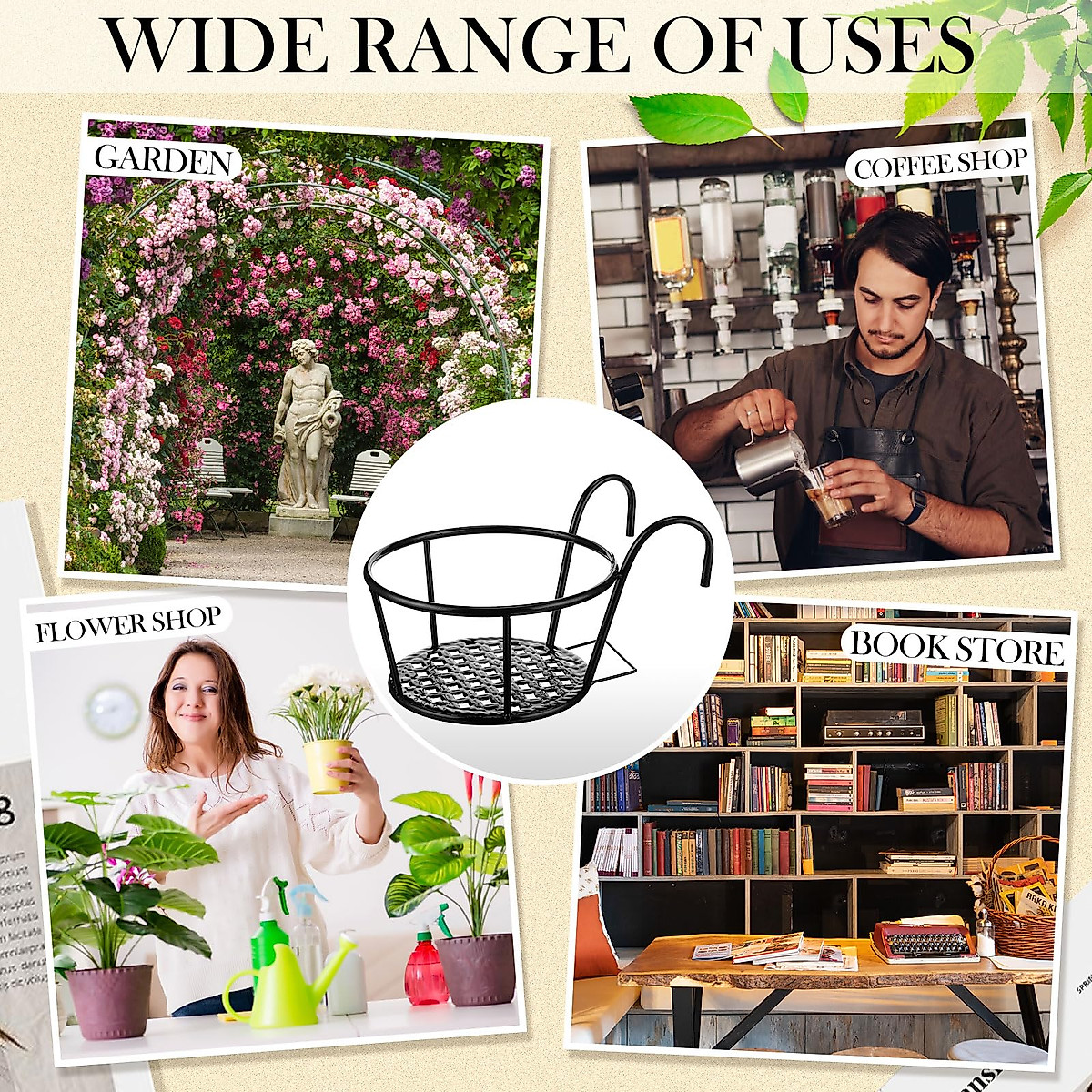 Dandat 6 Pcs 8.7'' Iron Metal Railing Flower Pot Hanging Railing Planter Baskets Stair Railing Plant Holder for Patio Balcony Outdoor Plants(Black)