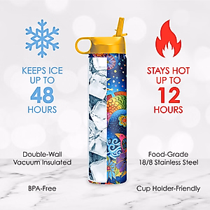 RainCaper 18/8 Stainless Steel Insulated Water Tumbler with Straw | 24oz, BPA-Free, Double Wall for Hot & Cold | Travel-Friendly, Cup Holder Ready (Laurel Burch Celestial Magic)