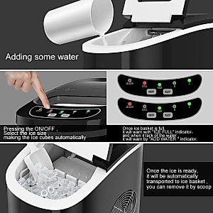 LDAILY Countertop Ice Maker, Make 26 lbs Ice in 24 Hours, Ice Cubes Ready in 6 Mins, High Efficiency Ice Maker with Ice Scoop and Basket, Portable and Compact Ice Machine for Home, Office, Black