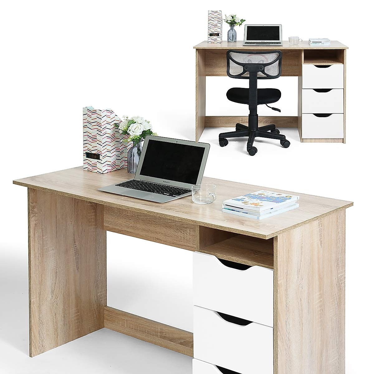 warmcentre Computer Desk, 43.3 Home Office Desk with 3 Drawer & Shelves Sturdy PC Table Workstation Modern Simple Style Writing Gaming Desk with Storage for Small Spaces, Easy to Assemble, Beech