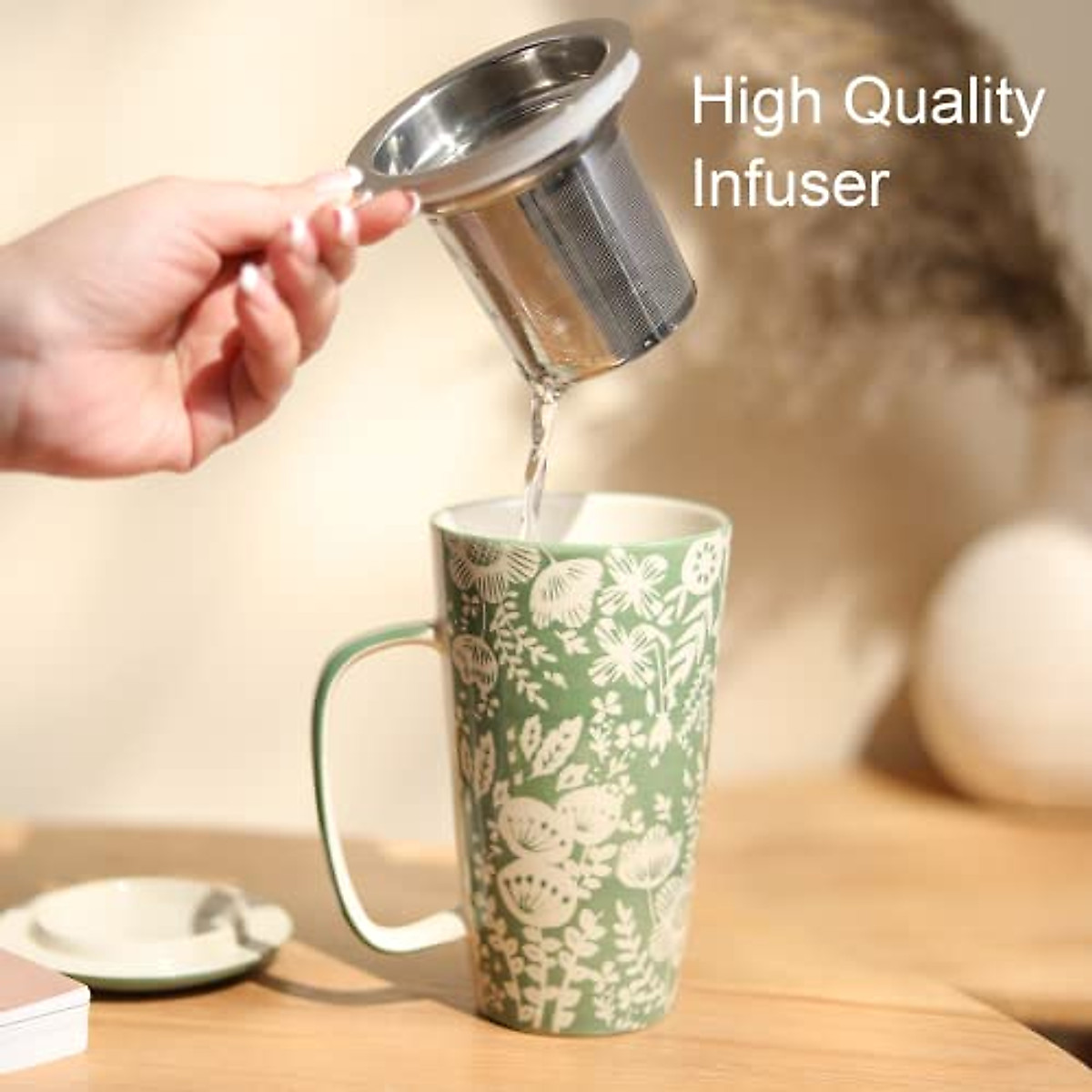 Taimei Teatime Ceramic Tea Cup with Infuser and Lid, 17 oz Tea Infusion Mug with Large Strainer for Loose Leaf Tea,Green