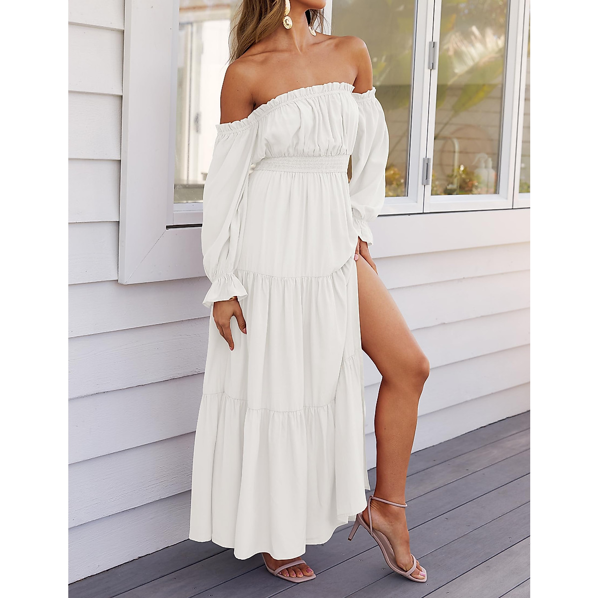 ZESICA Women's 2024 Boho Sexy Off Shoulder Long Sleeve Smocked High Waist Side Split Flowy A Line Tiered Long Maxi Dress,White,Medium