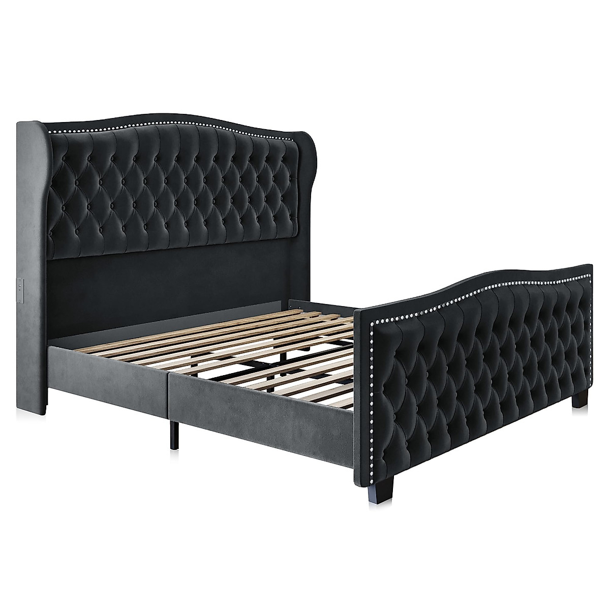 BELLEZE King Headboard Bed Frame with Fast Charging Port, Upholstered Platform Bed Frame with Handmade Button Tufted Headboard, Stable Noise-Free Bedroom Bed, No Box Spring Needed - Oslo (Gray)