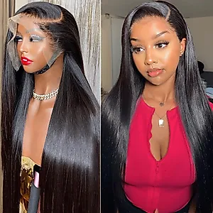 100% Human Hair 28 Inch Straight Lace Front Wigs Human Hair Pre Plucked 180 Density 13x4 HD Lace Front Wigs Human Hair for Black Women Glueless Brazilian Straight Lace Frontal Wigs with Baby Hair