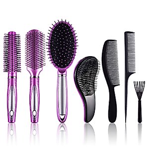 SIQUK 7 Pcs Hair Brush and Comb Set Round Brush Paddle Brush Detangle Hair Brush and Combs Wet Dry Brush for Women Men Hair Styling