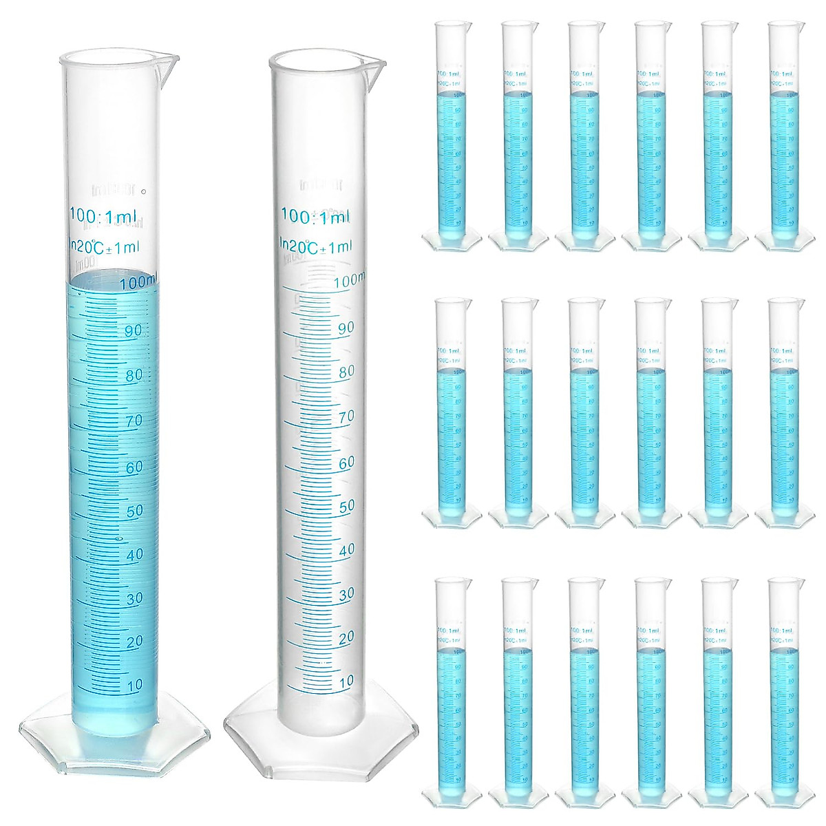 QWORK 100ml Polypropylene Plastic Beakers – Laboratory Test Beakers with Hexagonal Base, 20-Pack Transparent Measuring Cylinder Dual-Sided Measurement Lines, Science Projects & Home Use