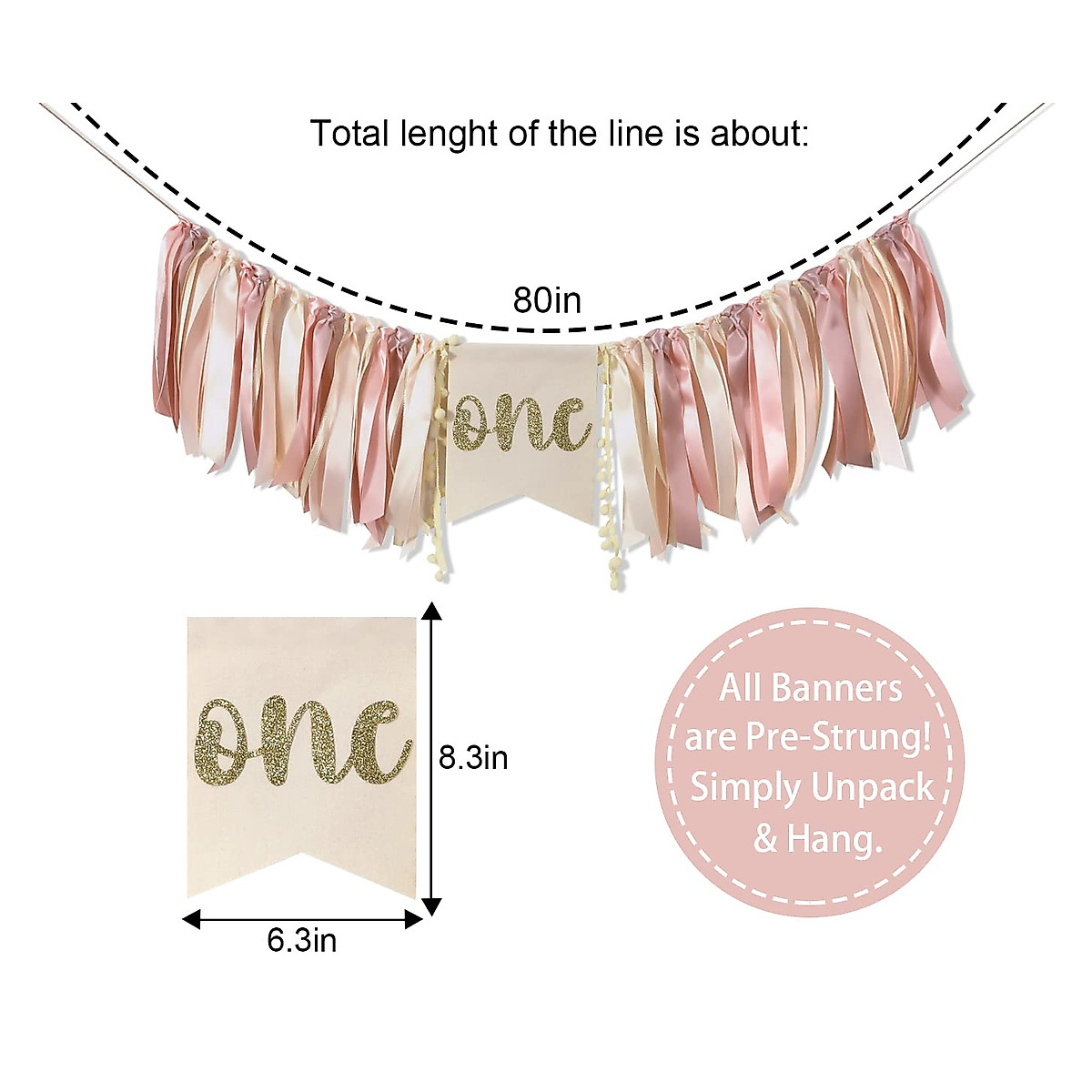 Pink Gold One Highchair Banner - Pink Birthday Party Decoration, Gold One High Chair Banner For 1st Birthday Girl, Cake Smash Photo Prop, Baby Shower Garland (Flower One Banner Pink)