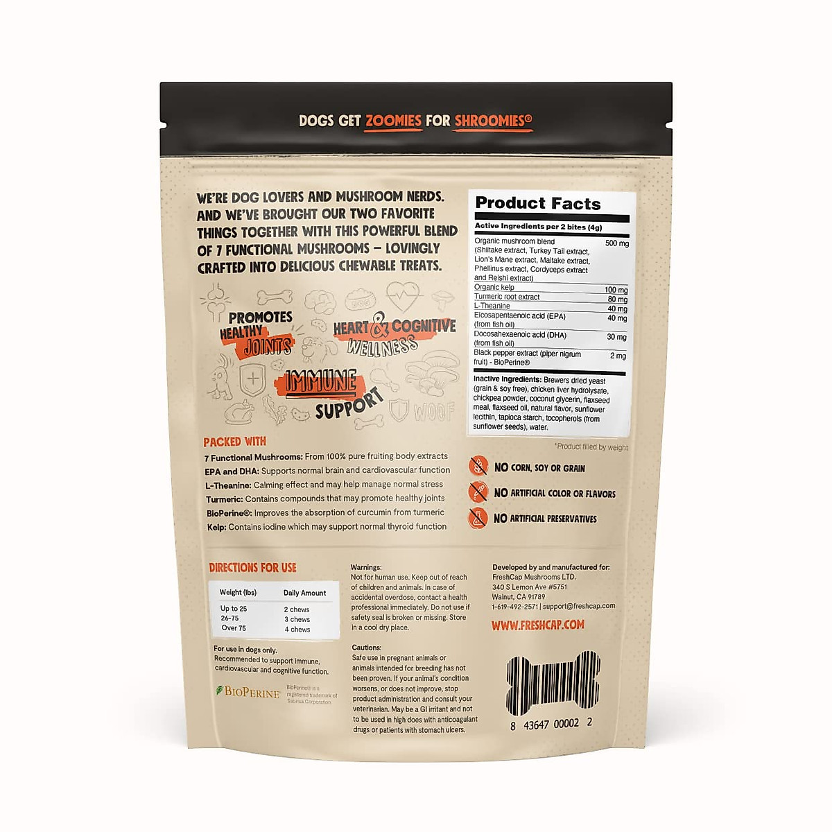 FreshCap Shroomies for Dogs - Turkey Tail Mushroom for Dogs, Immune Support Calming Chews, Treats Supplement with 7 Mushrooms for Cognition, Longevity, Cellular & Joint, Lipoma Removal, 180 Soft Chews