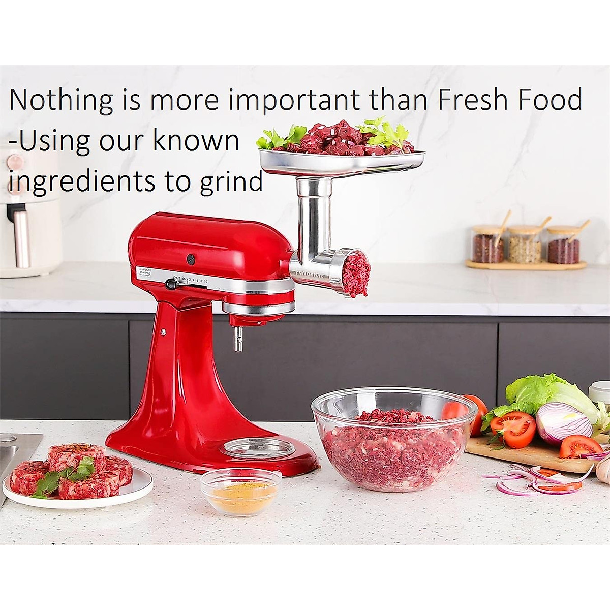 Stainless Steel Food Grinder Attachment for KitchenAid Mixers, Dishwasher Safe, Strong Meat Processor Accessories Included 3 Sausage Stuffer Tubes