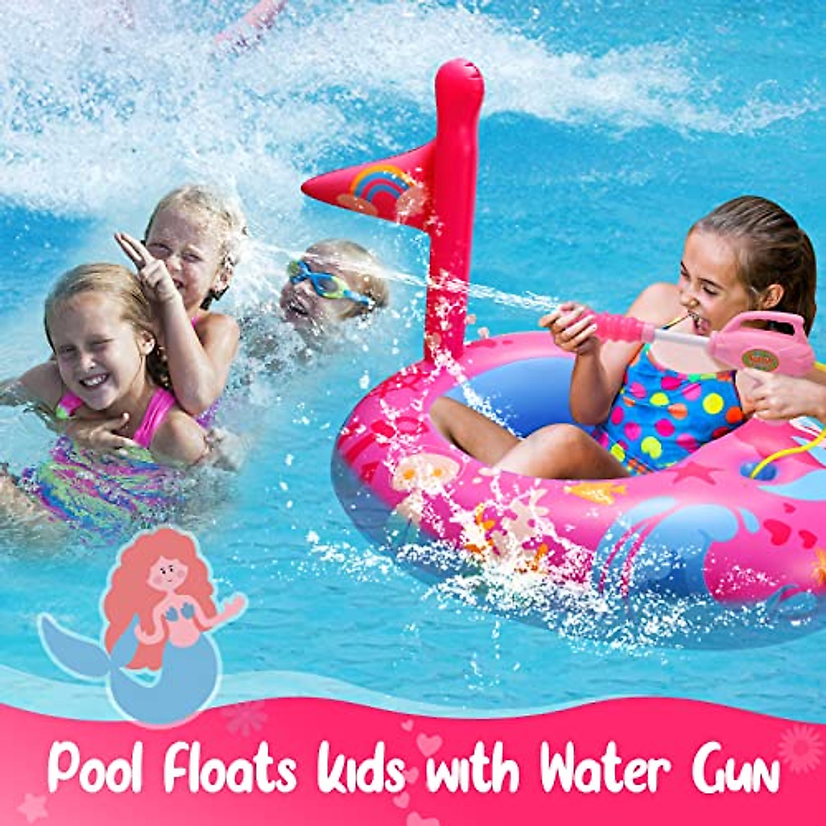 Korigey Mermaid Pool Floats Kids with Water Gun, Pool Toys for Kids Aged 3-8 Years, Toddler Pool Float for Girls, Mermaid Inflatable Float for Pool, Beach and Any Summer Party Gift (36’’x 27’’)