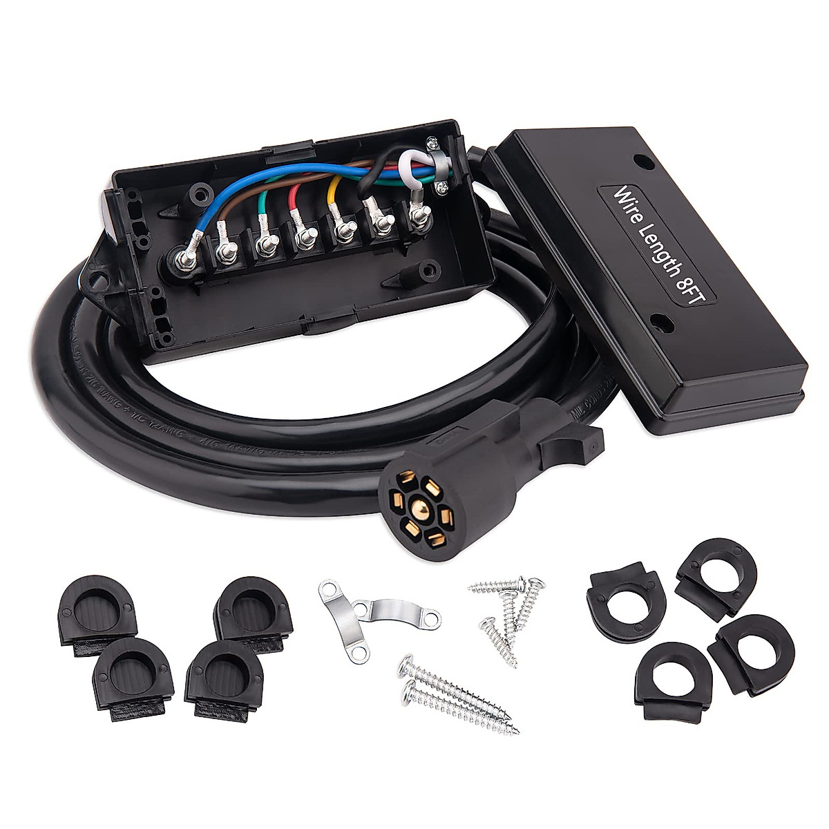 7 Pin Trailer Wiring Harness Plug, 7 Way Plug Inline Trailer Cord, 8 Feet, with Box, for Your Trailers, RVs, Campers, caravans, Food Vans and Other Towed Vehicles