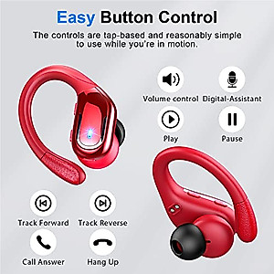 Ltinist Wireless Earbud, Bluetooh 5.3 Headphones Pure Bass Sound with Earhooks, 60H Battery in-Ear Sport Earbud with Dual-LED Display, IP7 Waterproof Earphones Built-in Microphone for Running, Red