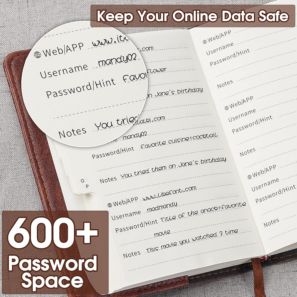 WEMATE Password Book with Lock, Password Book with Alphabetical Tabs 600+ Password Spaces, Password Logbook with Lock, Password Keeper for Computer 4.33 X 6.18 Inch Brown
