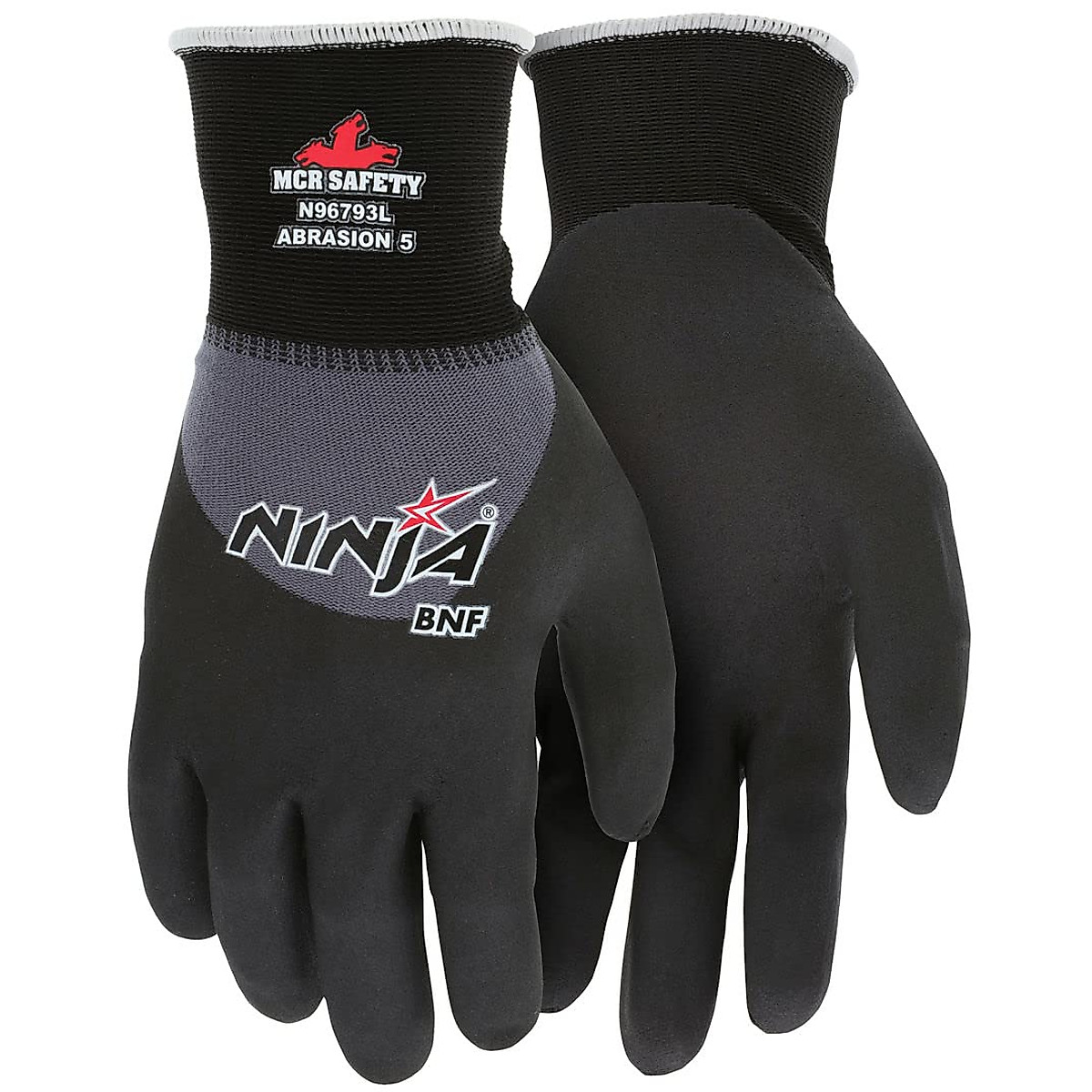 MCR Safety Gloves N96793L Ninja BNF Work Gloves 15 Gauge Nylon/Spandex Shell with NFT Coated Over the Knuckle Palm, Large,Black