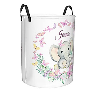Puurbol Custom Cute Baby Elephant Laundry Hamper with Name Personalized Gifts Butterfly Laundry Baskets For Bathroom