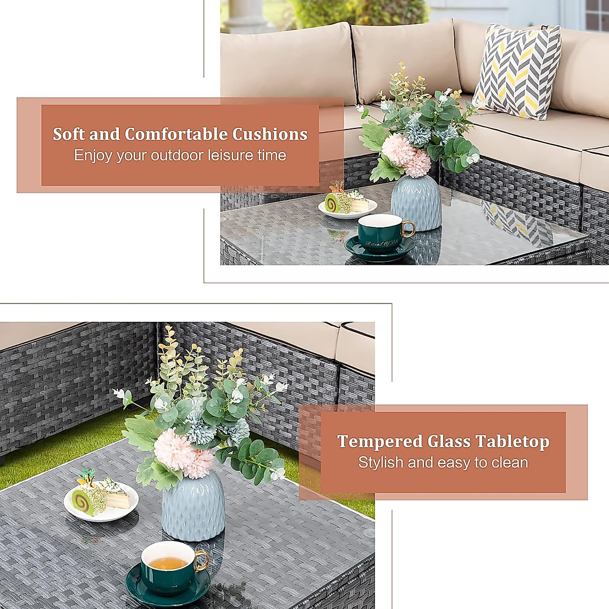 Walsunny Patio Furniture Set, 5 Pieces Outdoor Sectional Sofa Wicker Conversation Sets with Tea Table and Patio Couch Cushions(Khaki)