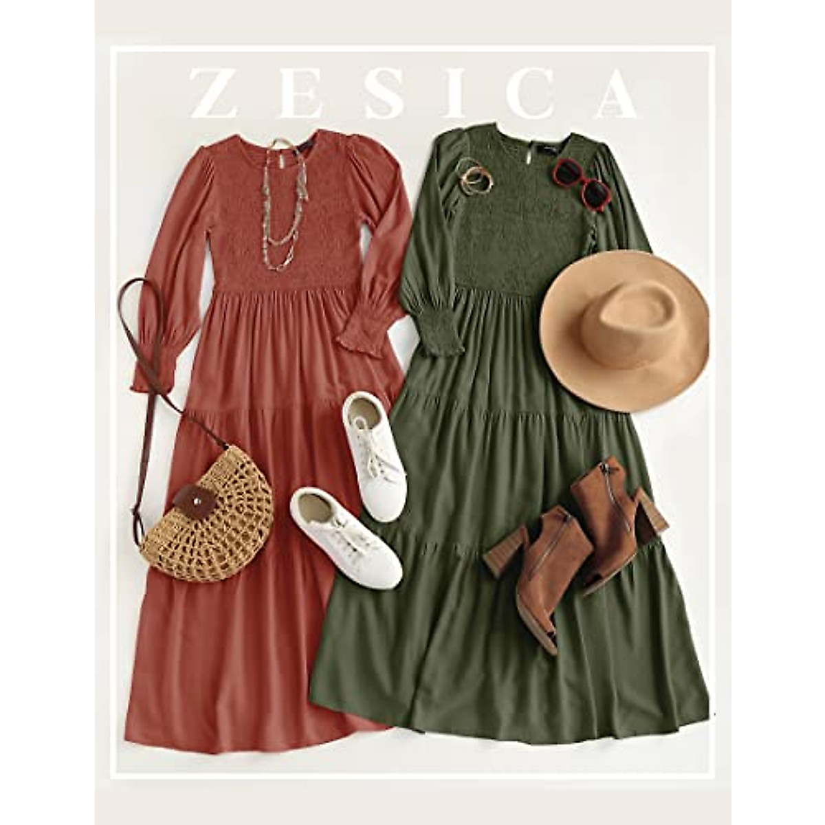 ZESICA Women's 2023 Casual Long Sleeve Crew Neck High Waist Smocked Flowy Tiered Midi Dress,Rust,Medium