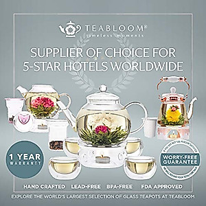 Teabloom Petite Cherry Blossom Teapot & Flowering Tea Gift Set - Glass Teapot (27 OZ / 2-3 Cups), Porcelain Lid, Loose Tea Infuser, Tea Warmer + Candle, 2 Flowering Teas