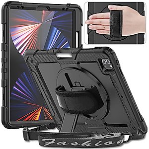 Timecity Protective Case for iPad Pro 12.9 inch 6th/ 5th/ 4th/ 3rd Generation, with Strong Protection, Screen Protector, Hand/Shoulder Strap, Rotating Stand, Pencil Holder - Black