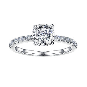 SMILEST Cushion Cut Moissanite Rings for Women, D Color VVS1 Clarity Lab Created Diamond Side Stone Rings Rhodium Plated 925 Sterling Silver Four Prong Moissanite Engagement Rings for Women Gifts