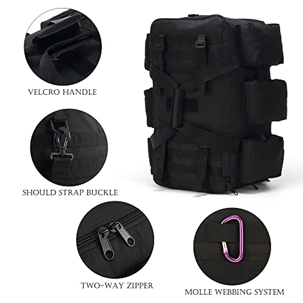 Sparklekle Military Duffel Bag 50L Gym Bag for Men Convertible Weekend Backpack for Sports Travel Camping (Black)