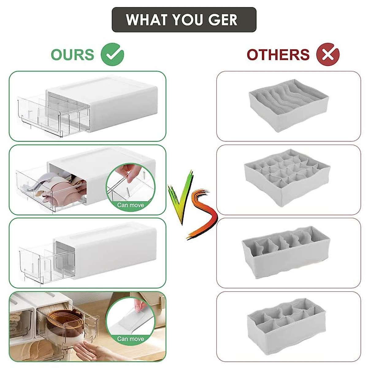 shopwithgreen Sock Underwear Organizer Dividers, 14 Cell Clear Drawer and Closet Storage Boxes, Wardrobe Clothes Organizer for Storing Bras, Ties, Dress, Gloves