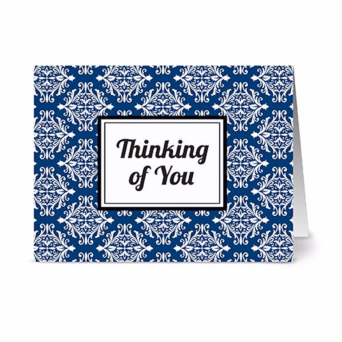 Modern Royal Damask 'Thinking of You' Navy - 24 Cards - Blank Cards w/Grey Envelopes Included
