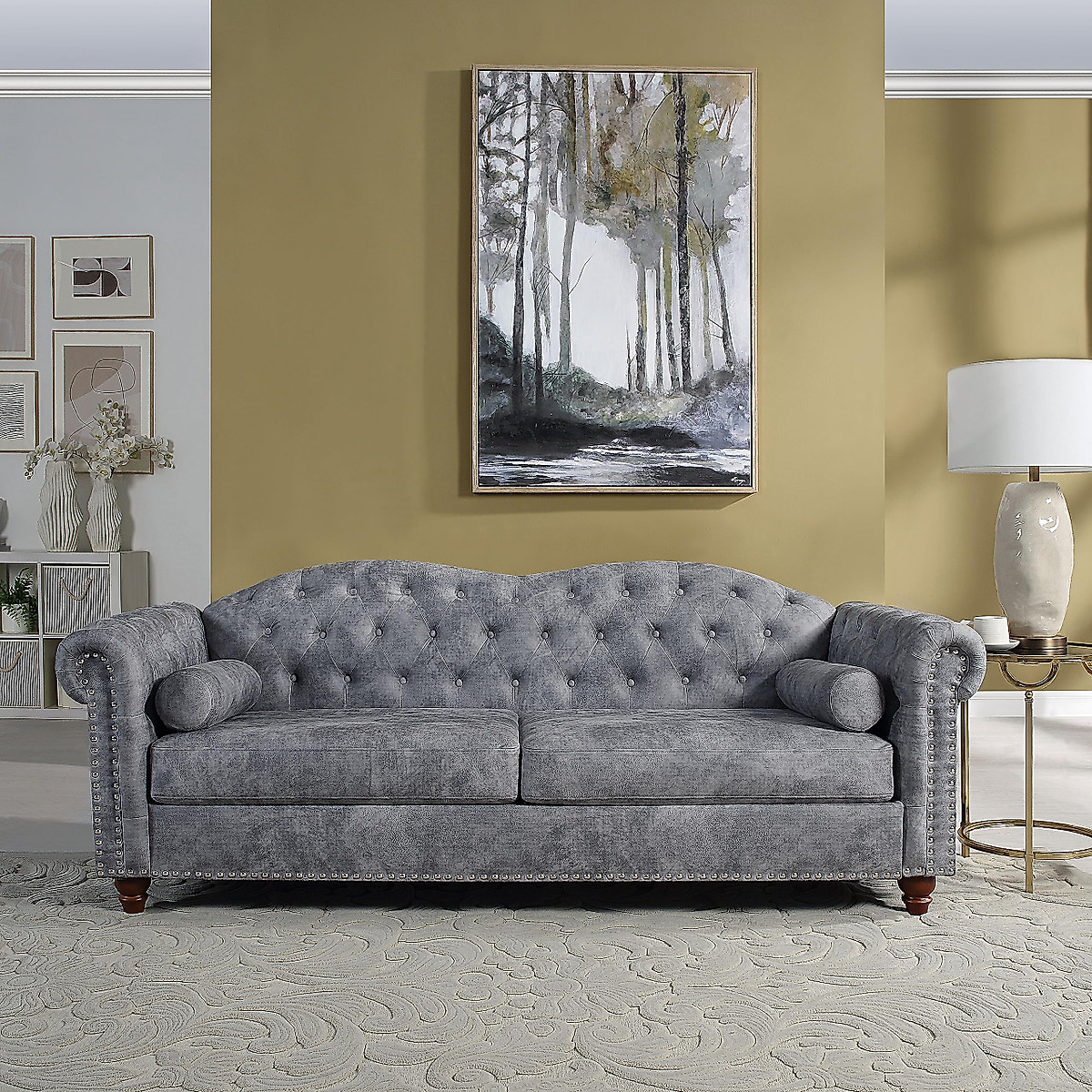 Modern Loveseat Couch Sofa,Classic Traditional Chesterfield Upholstered Accent 3 Seaters Large Sofá Love Seats Futon Couches Furniture with Nailhead Scrolled Arms&Pillows for Small Space/Living Room