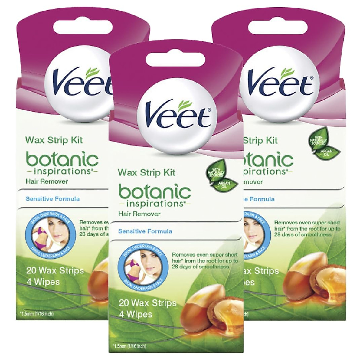 Veet Hair Removal Wax Strips- Botanic Inspirations Easy- Gelwax Technology, Sensitive Formula Hair Remover Wax Strip Kit with Argan Oil, 20 wax strips with 4 wipes (Pack of 3)