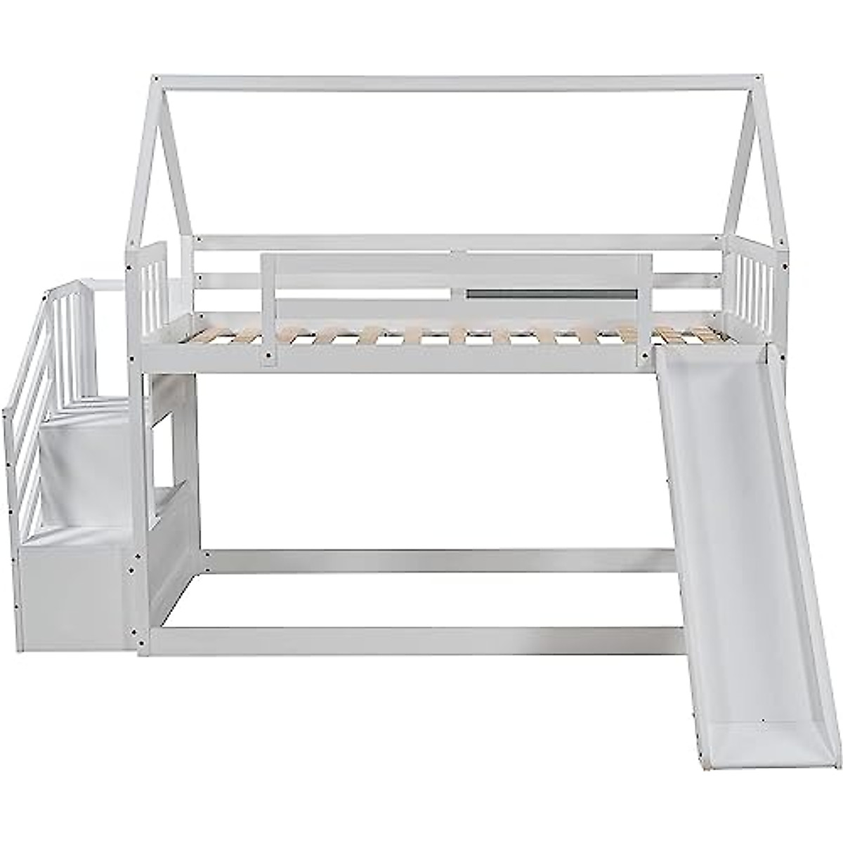 Harper & Bright Designs House Bunk Bed with Stairs,Wooden Kids Bunk Bed Twin Over Twin with Slide, Twin Size Floor Bunk Bed for Girls Boys, No Box Spring Needed, White