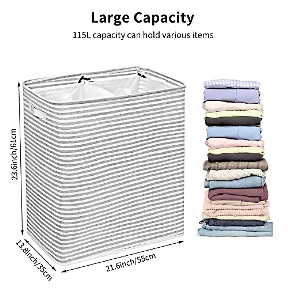 WOWLIVE 115L Freestanding Laundry Hamper Divided Collapsible Large Laundry Basket 2 Removeable Liner Bags Dirty Clothes Hamper with Extended Handles Easy to Carry (Striped Grey)