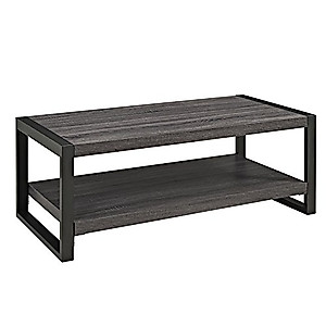 Walker Edison Industrial Modern Rectangle Metal Base and Wood Coffee Table Living Room Accent Ottoman, 48 Inch, Charcoal
