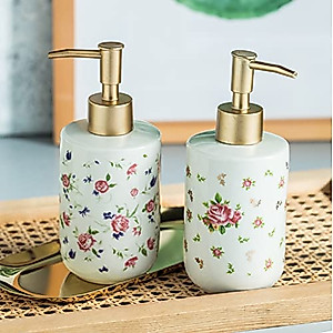 Soap Dispensers Ceramic Soap Dispenser Set with Metal Tray Soap Pump for Kitchen Sink Bathroom Accessory Flower Pattern Set, 10.8oz Lotion Dispenser (Style : Floret)