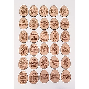 Easter Egg Tokens 30ct with Gift Bag, Personalized Tokens Available, Real Wood with 30 different engraved sayings, 6 designs, Natural Color, Easter Tokens for Kids, Activity Token (CUSTOM Token)