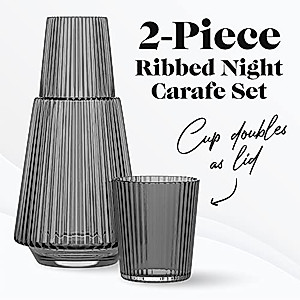 American Atelier Vintage Bedside Water Carafe with Tumbler – 37 Oz Ribbed Pitcher and Matching Drinking Glass Doubles as Lid for Guest Room, Office, or Gift, 4.5”x 9.25" (Gray)