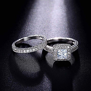 Square Cubic Zirconia Bridal Set Princess Cut CZ Jewelry Engagement Wedding Rings Set (Sliver 7)