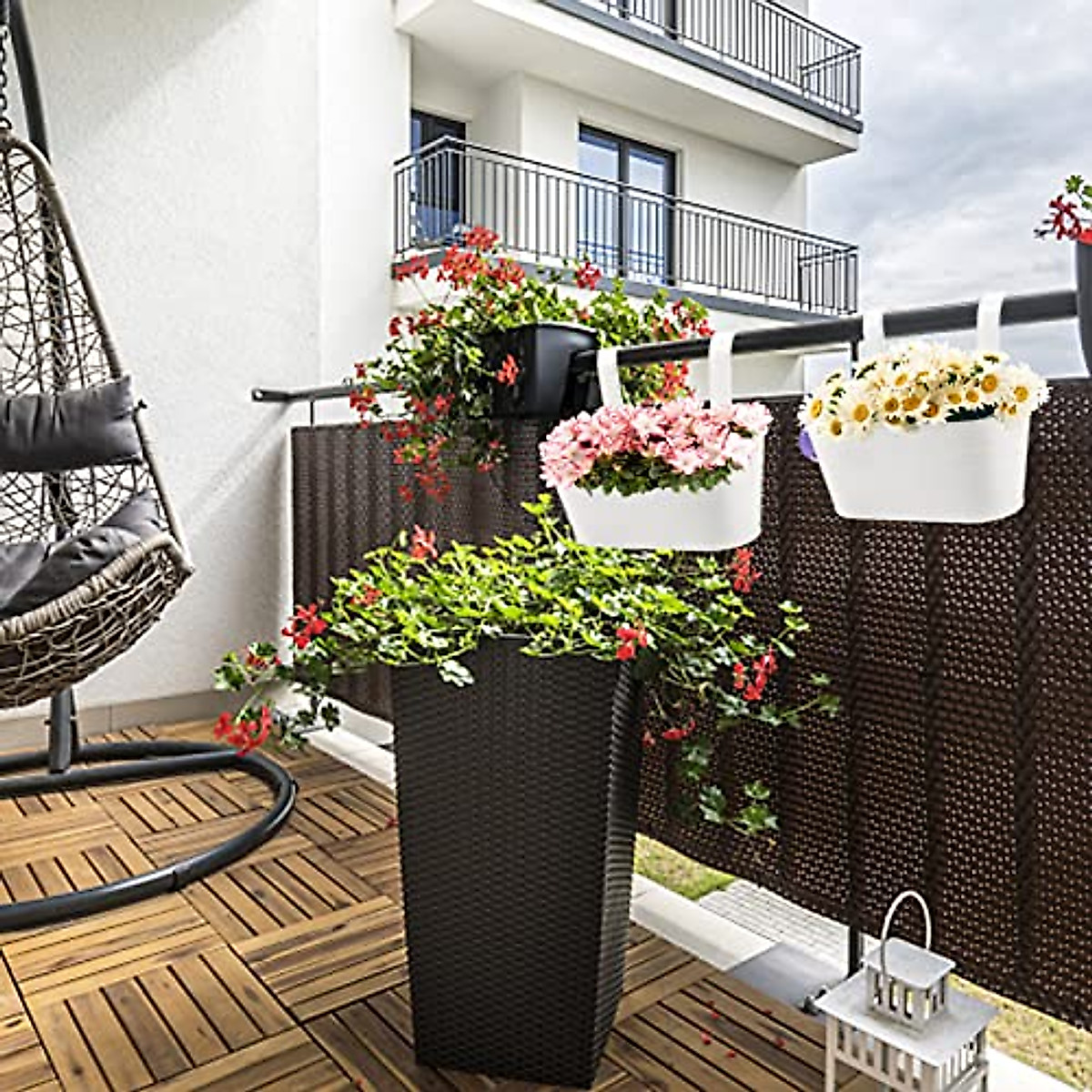Foraineam 4 Pack Hanging Flower Pots, Metal Iron Plant Pot Holders, Large Fence Railing Balcony Garden Hanging Bucket Planters with Detachable Hooks for Indoor and Outdoor Decor
