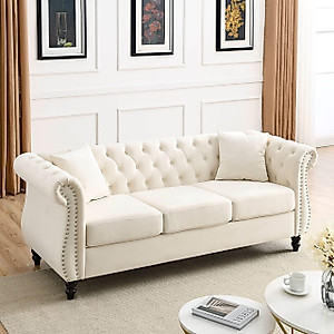 WILLIAMSPACE 80" Chesterfield Sofa Beige Velvet for Living Room, 3 Seater Sofa Tufted Couch with Two Pillows, Rolled Arms and Nailhead for Living Room, Bedroom, Office, Apartment - Beige Velvet