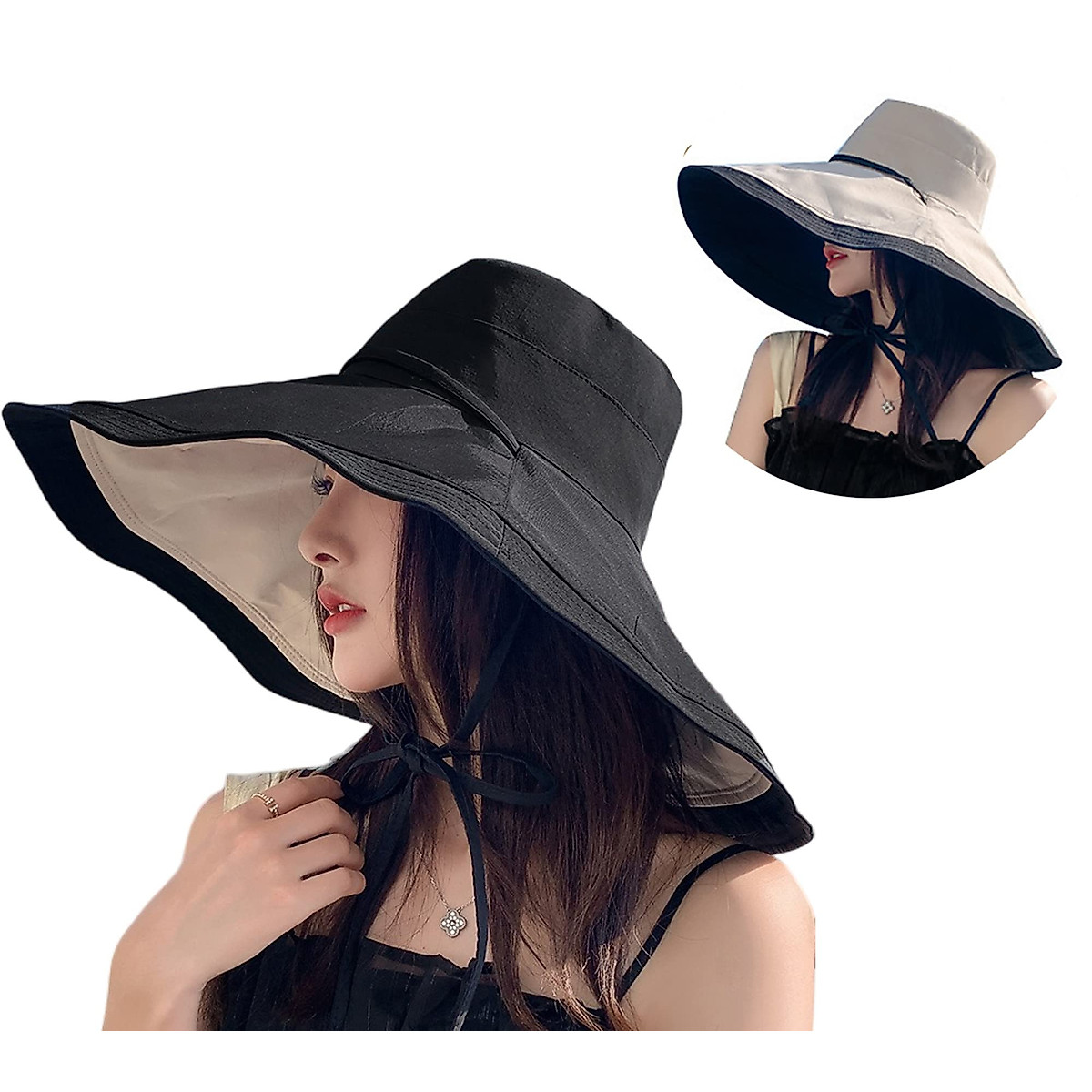 Packable Large Brim Sun Hat for Women - 6.7" Wide-Brim UV-Protection Women's-Sun-Beach-Hats with Strap Black