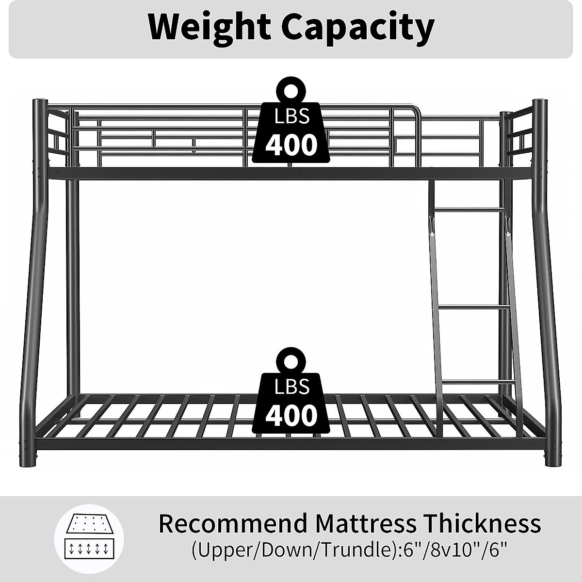 QSOSTNS Metal Bunk Bed Twin Over Full Size with Removable Stairs, Heavy Duty Sturdy Frame, Smooth Rounded Edges, No Boxspring Required, for Small Spaces, Twin-Over-Full (Black)