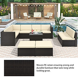 Merax 9 Piece Patio Furniture Set Outdoor Conversation PE Wicker Rattan Sectional Sofa, Coffee Table and Ottoman, Beige