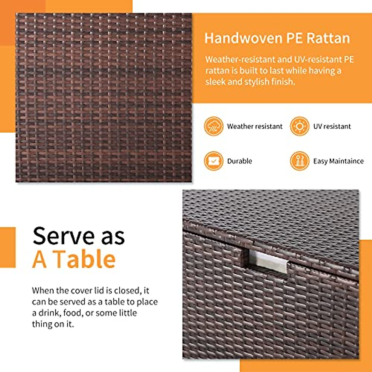 Patiorama Outdoor Wicker Storage Box, Garden Deck Bin with Aluminum Frame, Patio Cushion Storage, Brown Wicker Rattan Pool Storage Box, Water-Resistant Liner, 120 Gallon