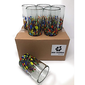 Hand Blown Mexican Drinking Glasses – Set of 6 Confetti Carmen Design Glasses (14 oz each)