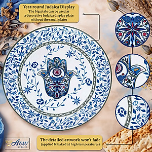 Artistic Passover Seder Dinnerware Set Floral Hamsa Design by Jessica Sporn - Quality Porcelain Round Seder Plate Square Matzah Tray Silk Matzo Cover, Afikoman bag - Pesach Decoration by Aviv Judaica
