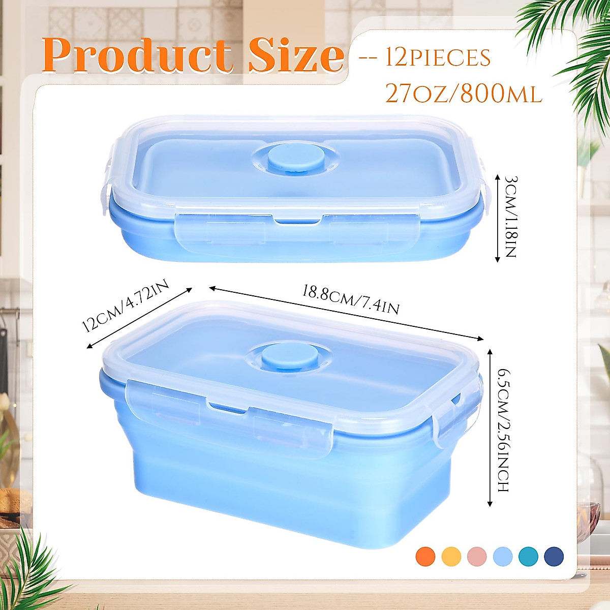 12 Pcs Collapsible Food Storage Containers Silicone collapsible Lunch Box with Clear Lid Square Food Containers Bowls Kitchen Stackable Lunch Box for Pantry Organization Microwave Freezer Safe (27oz)
