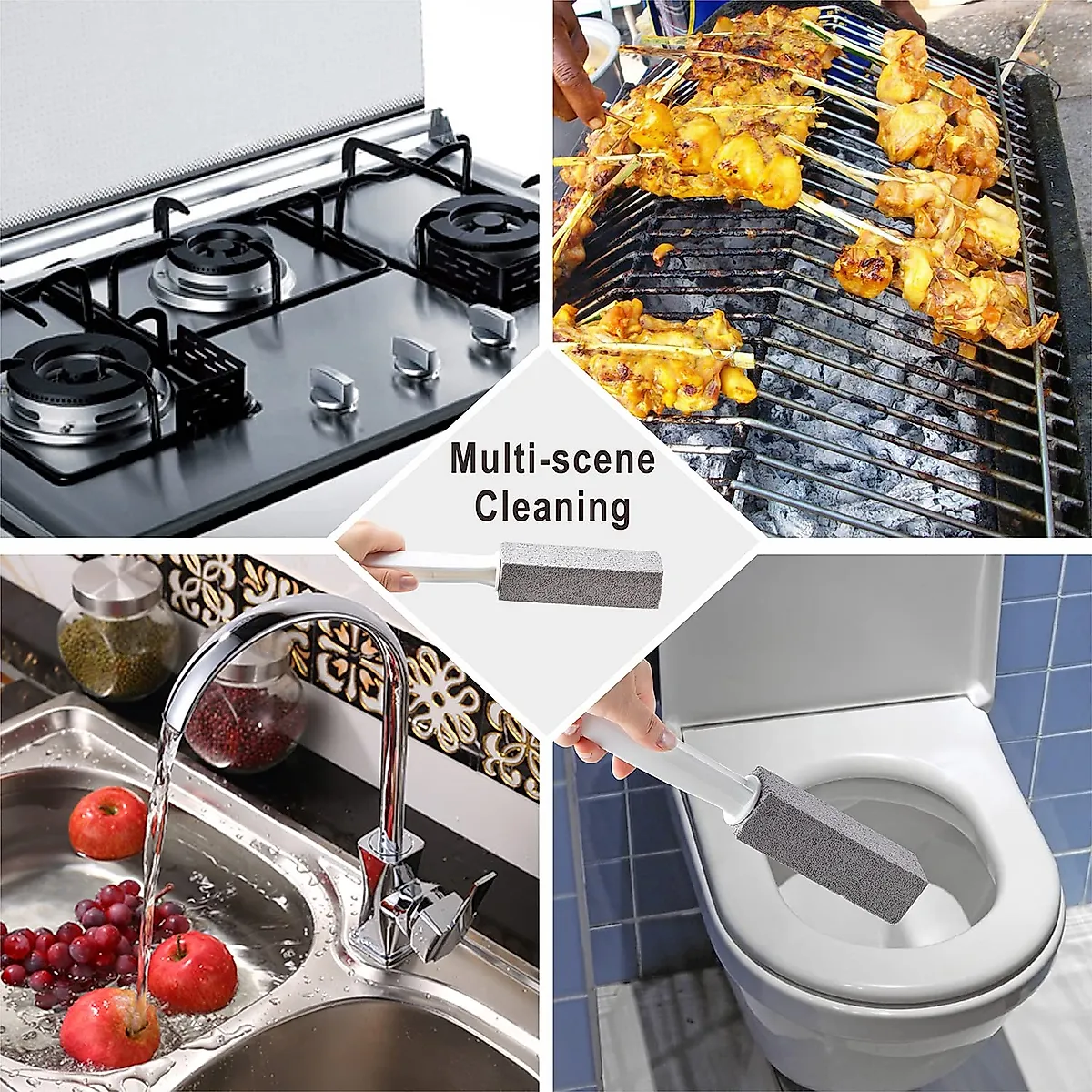 Pumice Stone Brush Toilet Bowl Cleaner with Extra Long Handle, 100% Natural Pumice Toilet Brush, Stain Remover Cleaning Brushes for Bath/Pool/Kitchen/BBQ Cleaning - 2 Pack with 2 Hooks